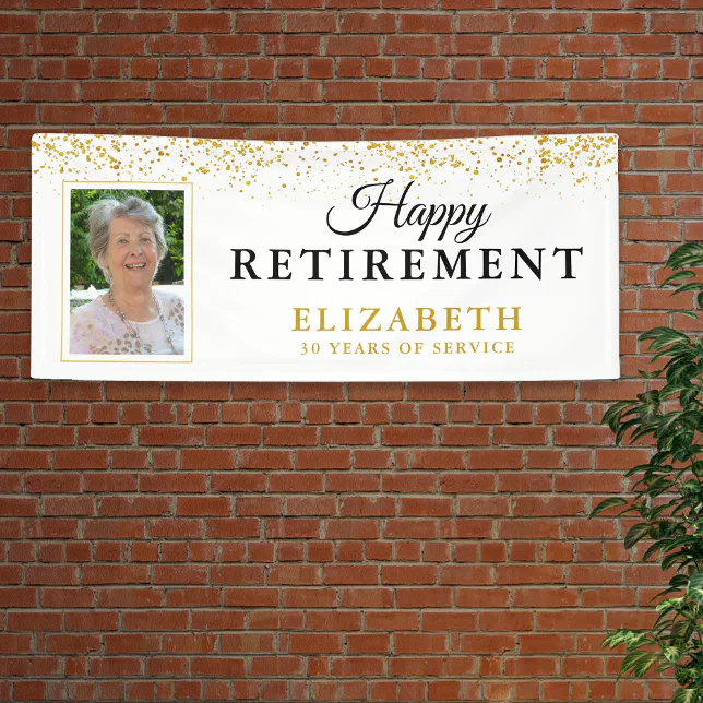 Retirement Party Gold Glitter White Photo Banner | Zazzle