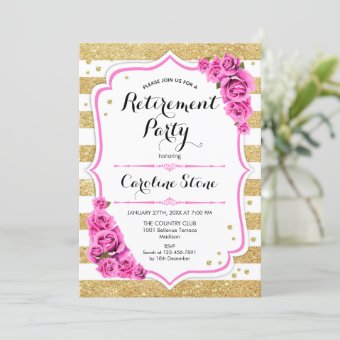 Retirement Party - Gold White Stripes Pink Roses Invitation | Zazzle