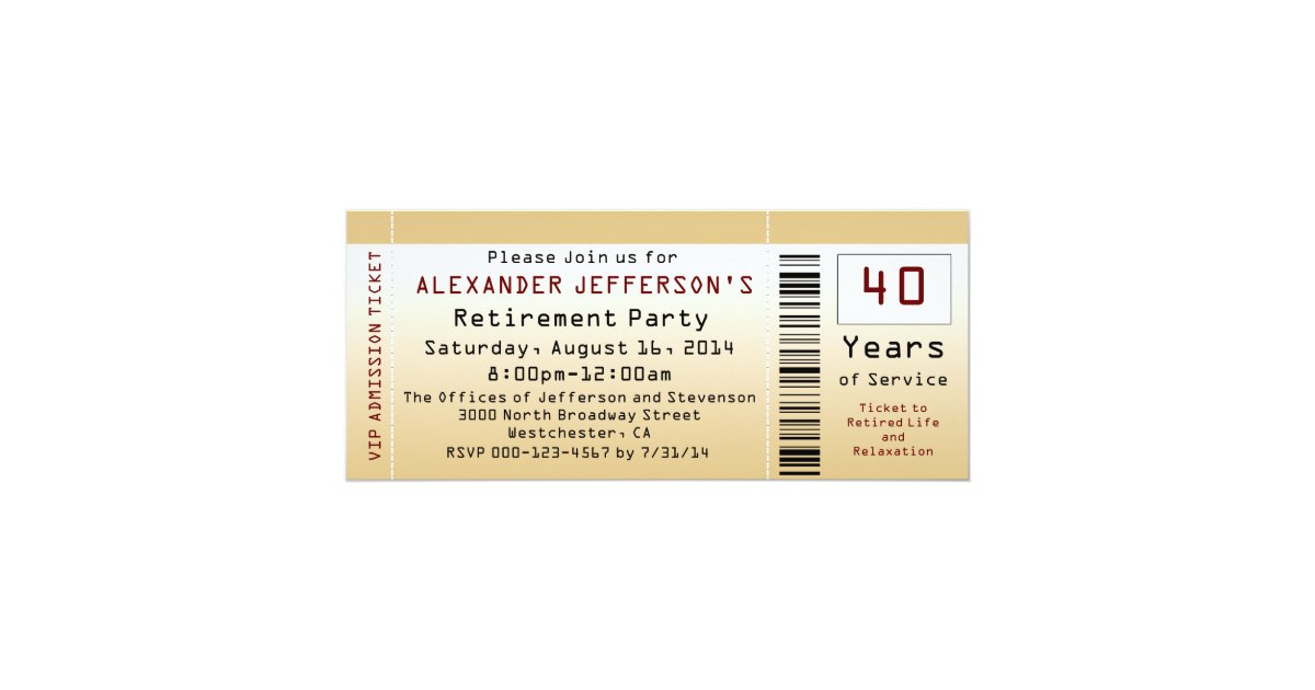 Retirement Party Invitation Goldtone Ticket | Zazzle.com