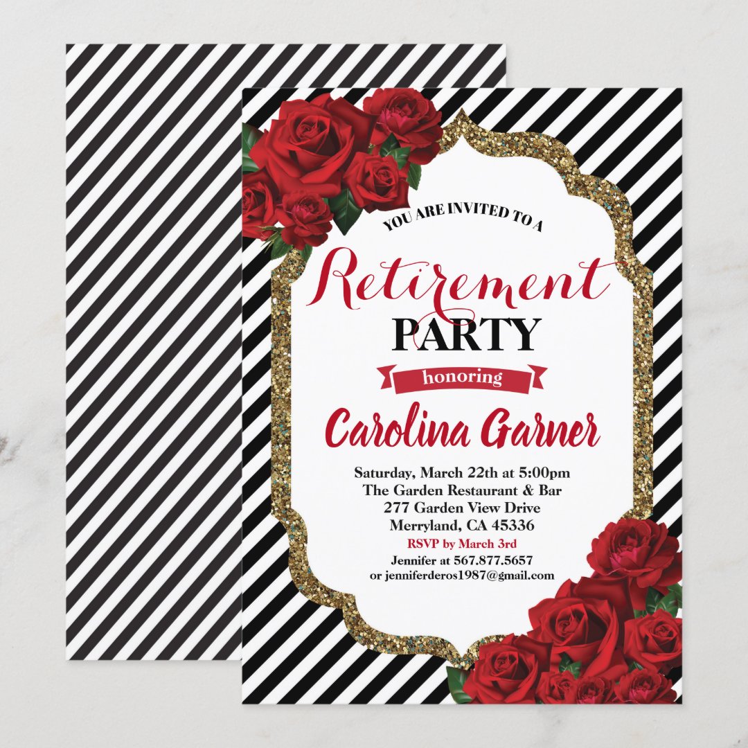 Retirement party invitation red roses and gold | Zazzle
