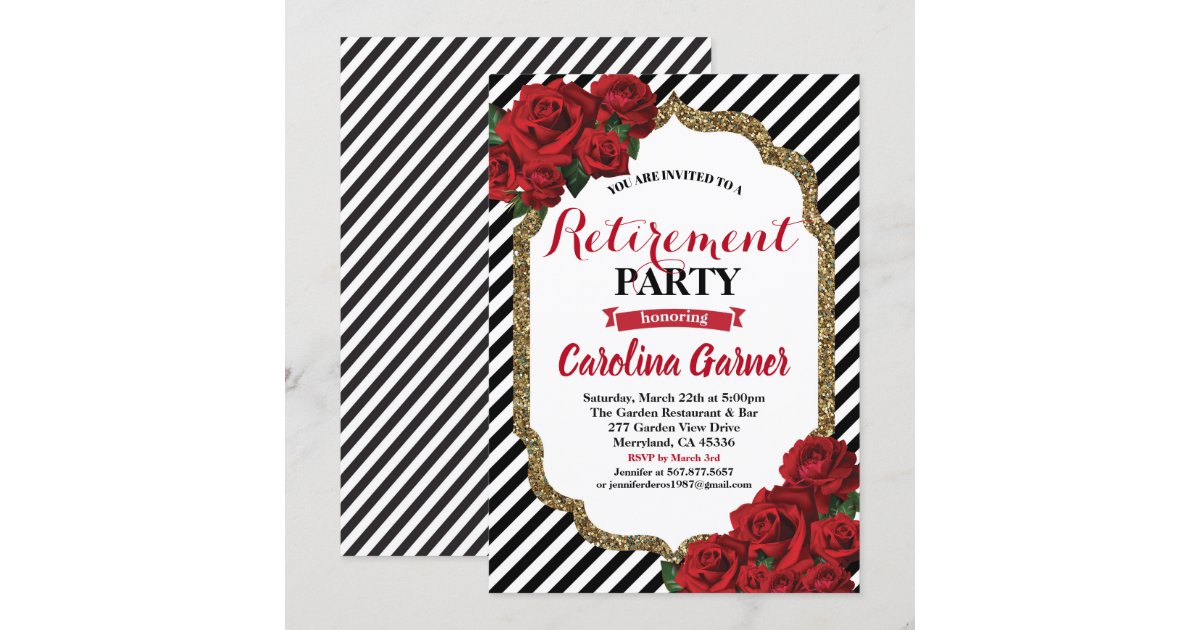 Retirement party invitation red roses and gold | Zazzle