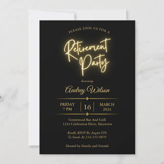 Retirement Party Invitations Minimalist Black Gold | Zazzle