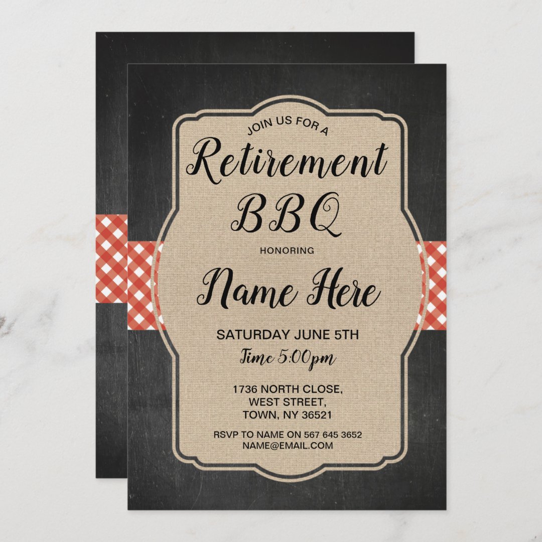 Retirement Party Invite Gingham BBQ Burlap Red | Zazzle