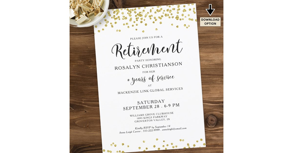 Retirement Party Modern Script Gold Confetti Invitation | Zazzle