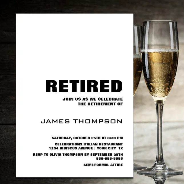 Retirement Party Modern Simple Black and White Invitation | Zazzle