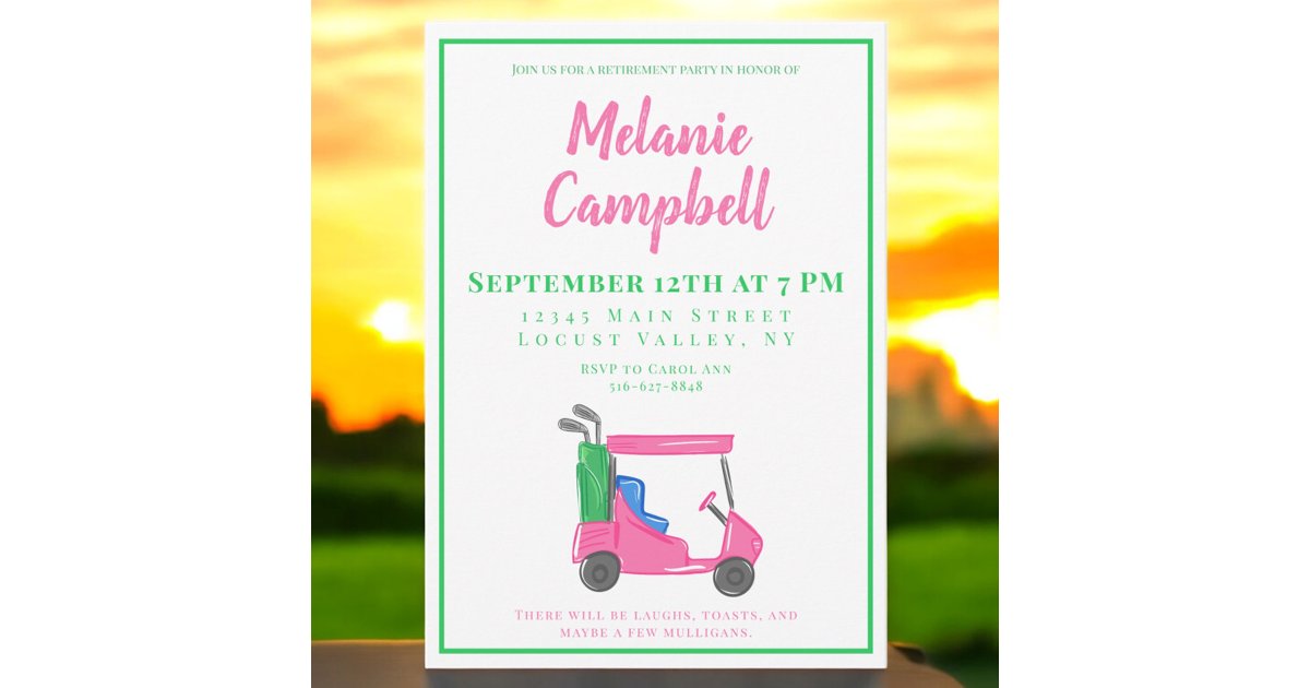 Retirement Party Preppy Pink Golf Cart Invitation | Zazzle