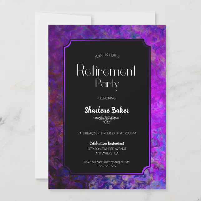 Retirement Party Purple and Black Invitation | Zazzle