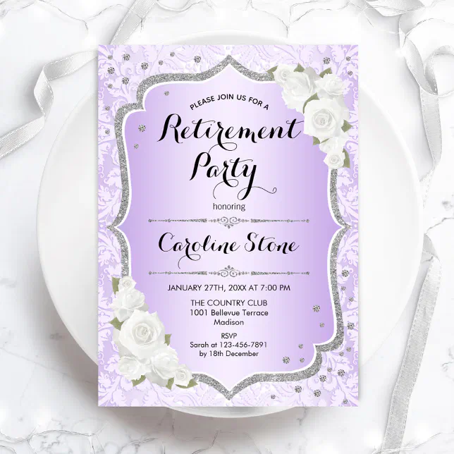 Retirement Party - Purple Silver White Roses Invitation | Zazzle
