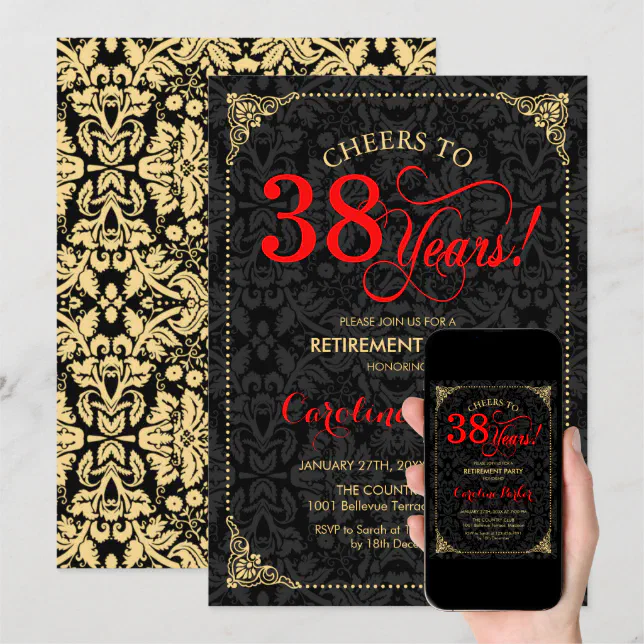 Retirement Party - Red Gold Black Damask Invitation | Zazzle