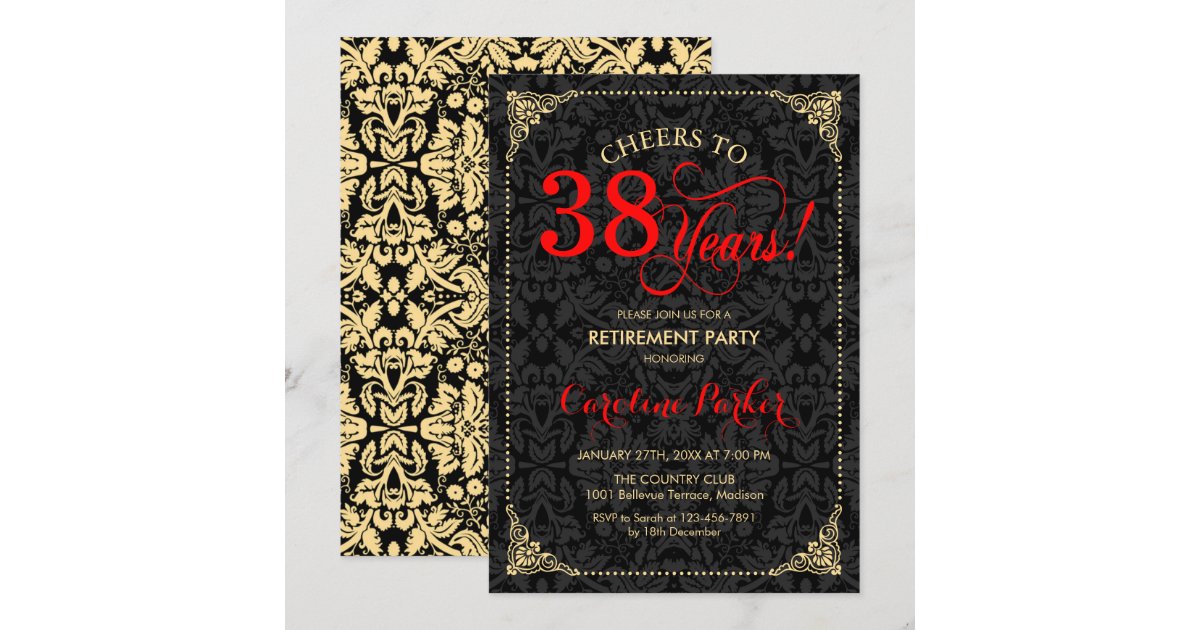 Retirement Party - Red Gold Black Damask Invitation | Zazzle