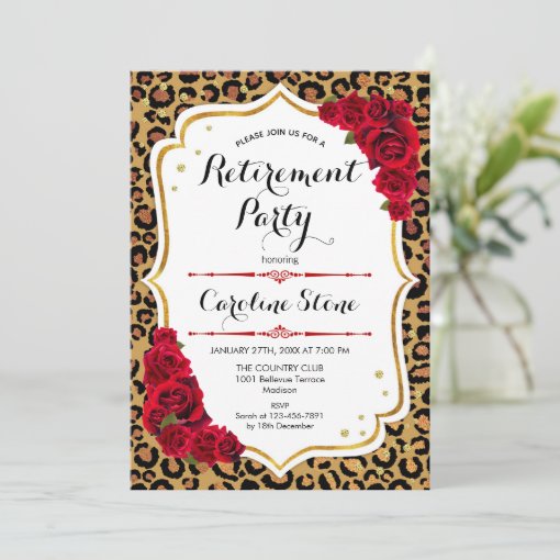 Retirement Party - Red Gold Leopard Print Invitation | Zazzle