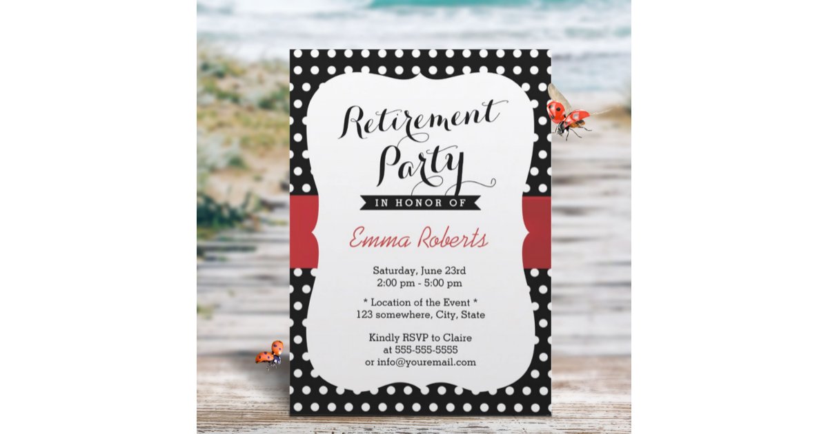 Retirement Party Red Ribbon Black White Polka Dot Invitation | Zazzle