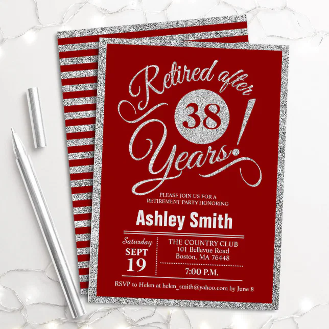 Retirement Party - Red Silver Invitation | Zazzle