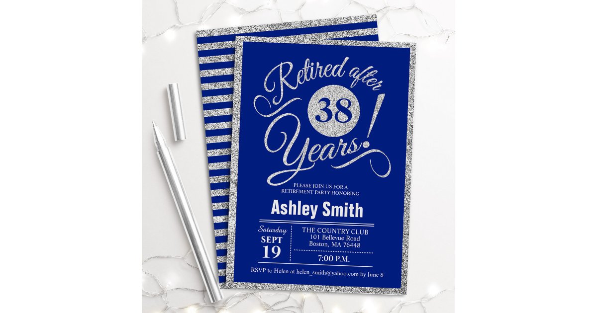 Retirement Party - Royal Blue Silver Invitation | Zazzle
