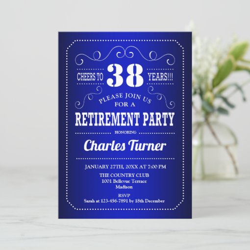 Retirement Party - Royal Blue White Invitation | Zazzle