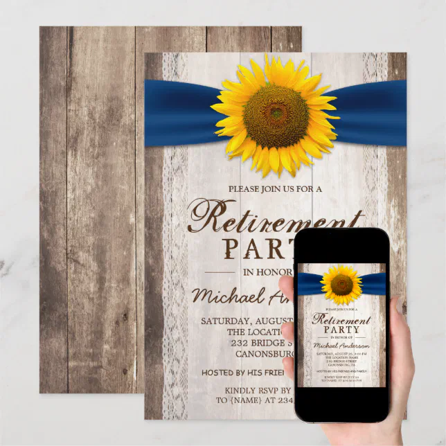 Retirement Party Rustic Barn Wood Sunflower Ribbon Invitation | Zazzle