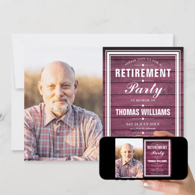 Retirement Party Rustic Burgundy Wood Photo Invitation | Zazzle