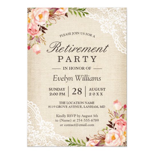 Retirement Party - Rustic Floral Ivory Burlap Lace Invitation | Zazzle.com