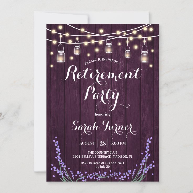 Retirement Party - Rustic Purple Wood Lavender Invitation | Zazzle