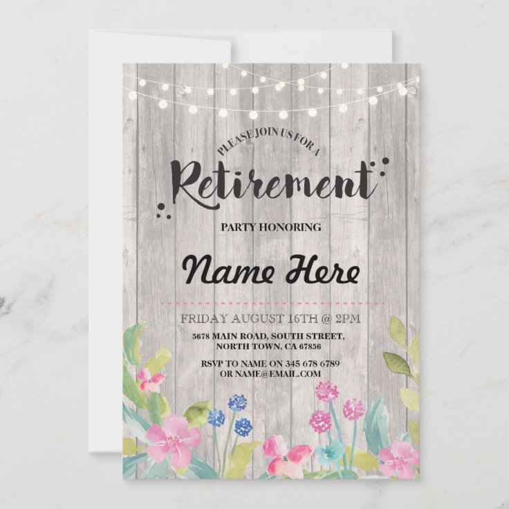 Retirement Party Rustic Retired Wood Floral Invite | Zazzle