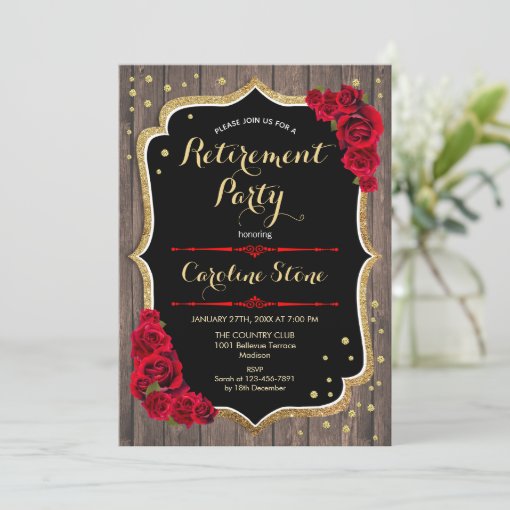 Retirement Party - Rustic Wood Red Roses Invitation | Zazzle