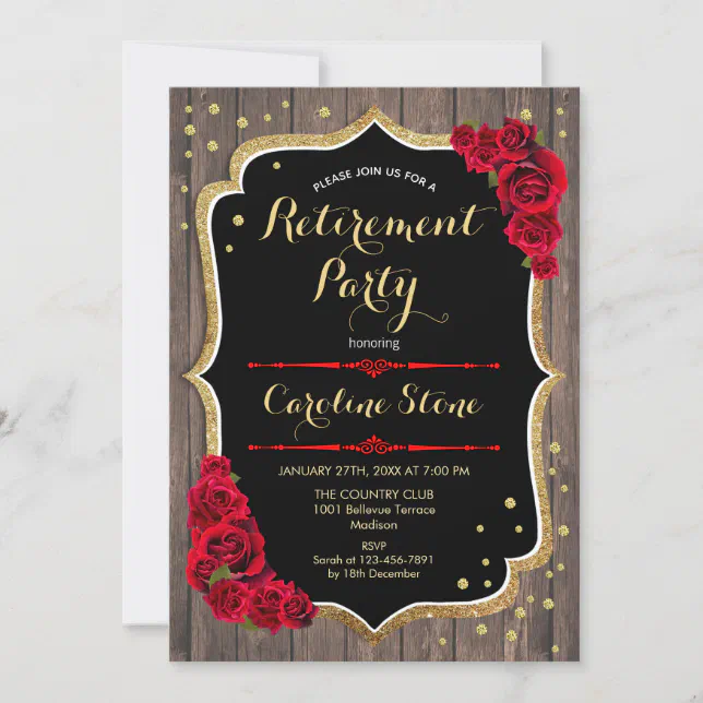 Retirement Party - Rustic Wood Red Roses Invitation | Zazzle