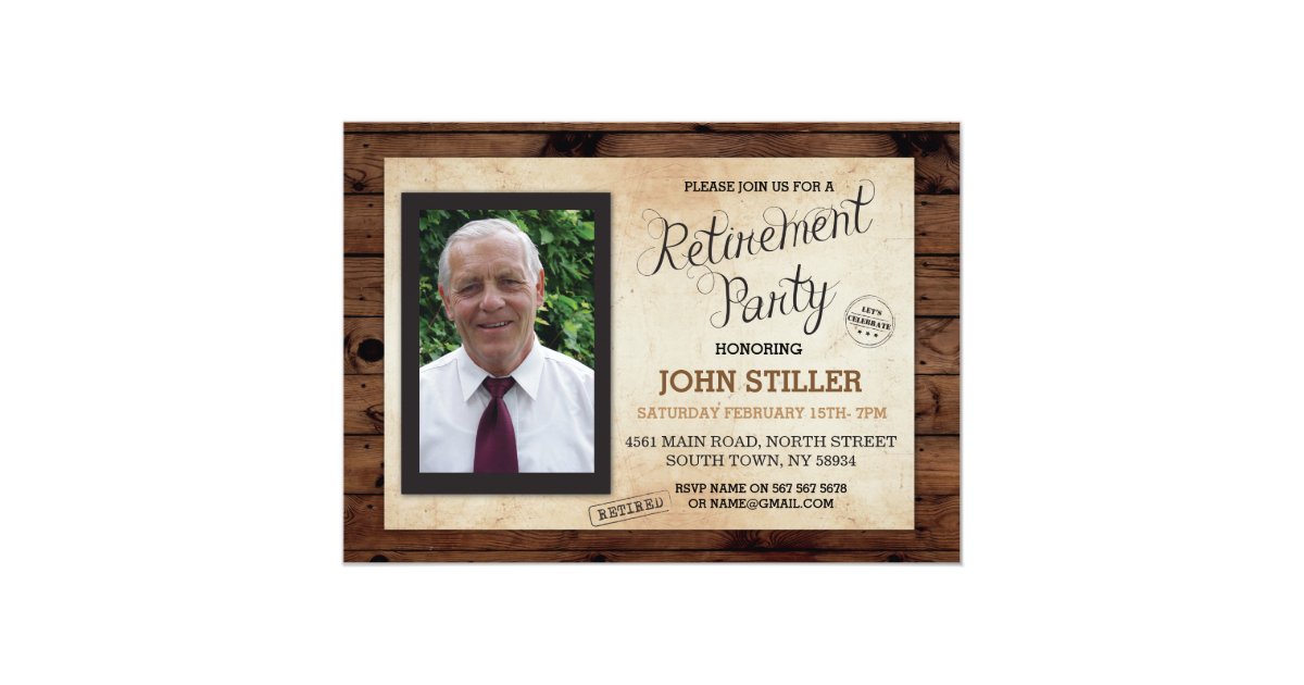 Retirement Photo Wood Rustic Party Invitation | Zazzle.com