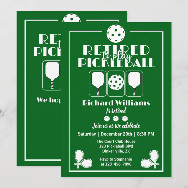Retirement Retired to Play Pickleball Modern Green Invitation | Zazzle