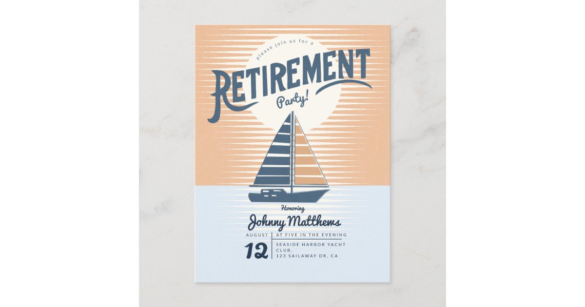 Retirement sailboat sunset postcard invitation | Zazzle