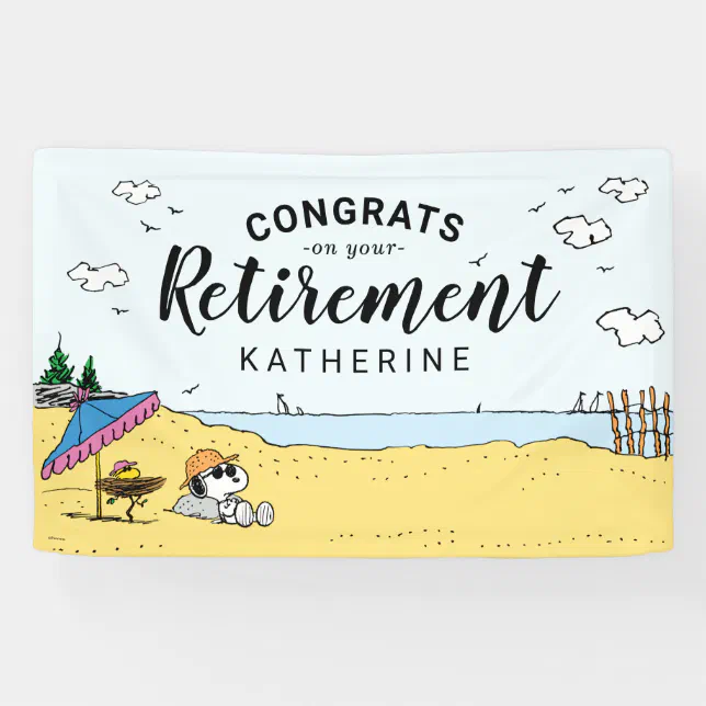 Retirement | Snoopy & Woodstock on the Beach Banne Banner | Zazzle