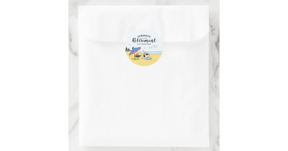 Retirement | Snoopy & Woodstock on the Beach Classic Round Sticker | Zazzle