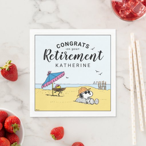 Retirement | Snoopy & Woodstock on the Beach Napkins | Zazzle