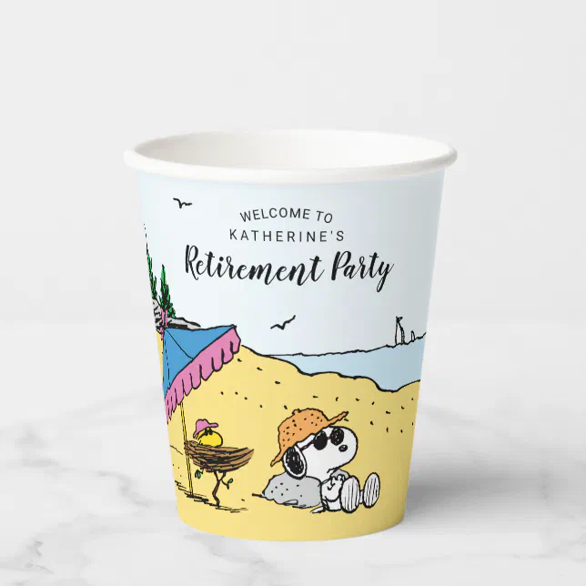 Retirement | Snoopy & Woodstock on the Beach Paper Cups | Zazzle