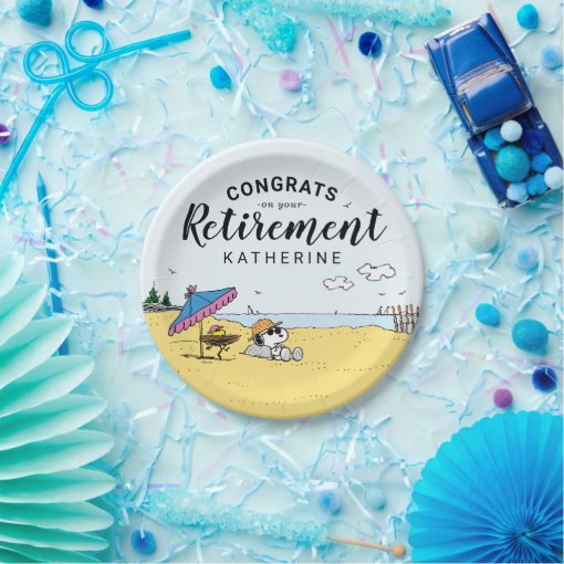 Retirement | Snoopy & Woodstock on the Beach Paper Plates | Zazzle