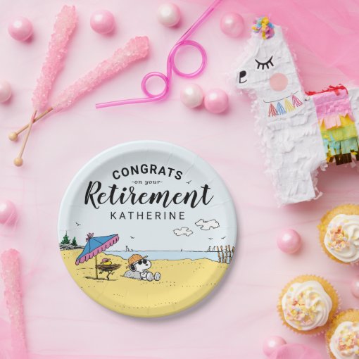 Retirement | Snoopy & Woodstock on the Beach Paper Plates | Zazzle