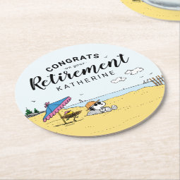 Retirement | Snoopy & Woodstock on the Beach Round Paper Coaster | Zazzle