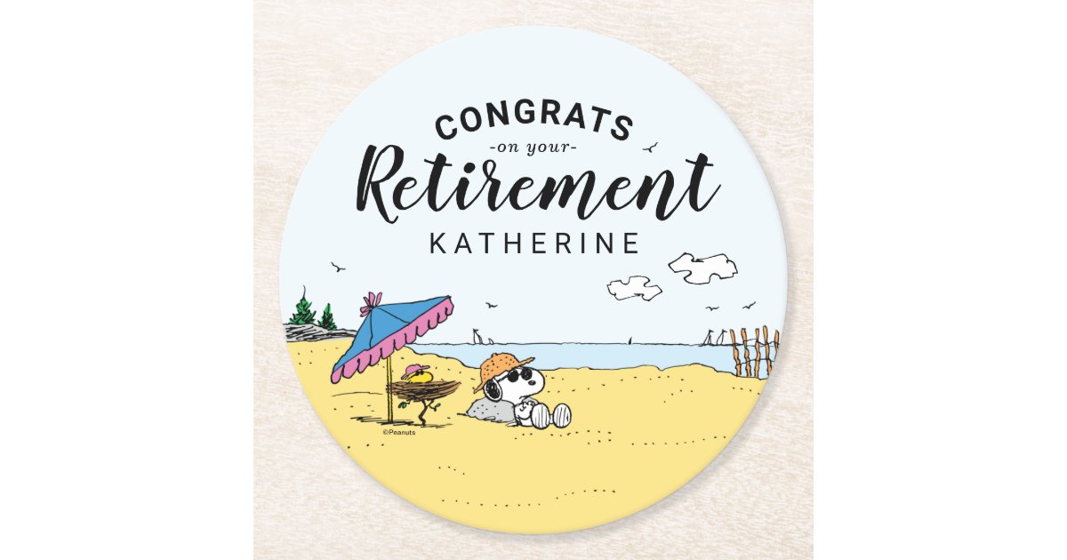 Retirement | Snoopy & Woodstock on the Beach Round Paper Coaster | Zazzle