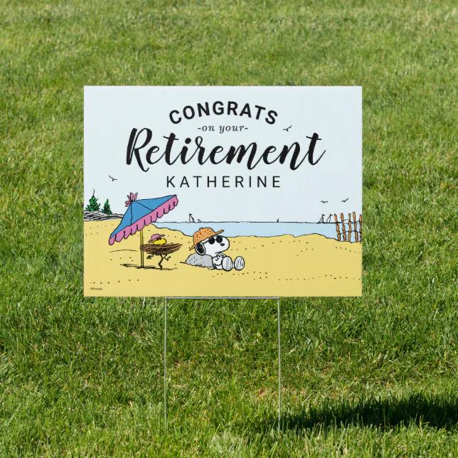 Retirement | Snoopy & Woodstock on the Beach Sign | Zazzle
