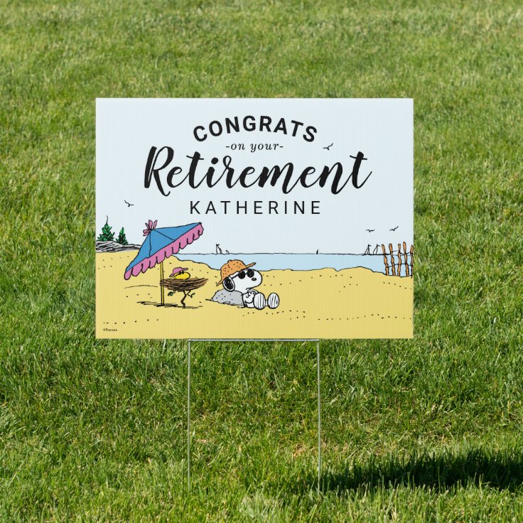 Retirement | Snoopy & Woodstock on the Beach Sign | Zazzle