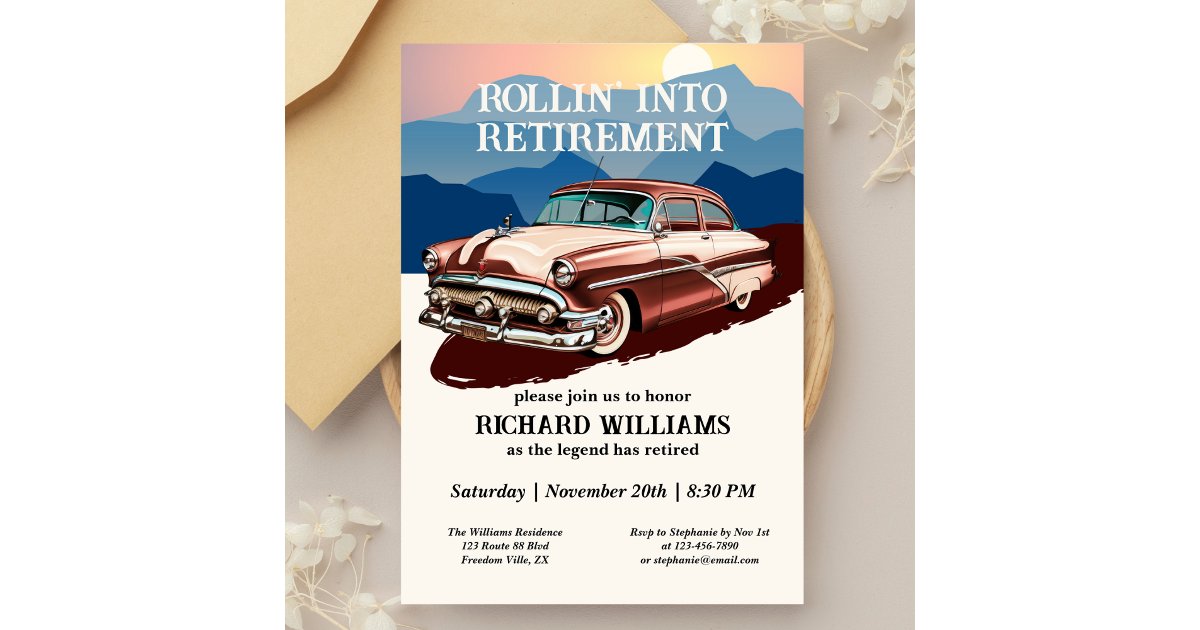 Retirement Travel Retro Classic Car Theme Invitation | Zazzle