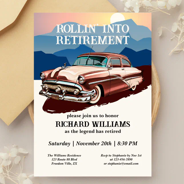 Retirement Travel Retro Classic Car Theme Invitation | Zazzle