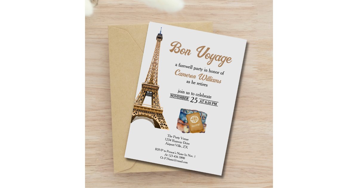 Retirement Travel Theme Bon Voyage Eifel Tower Invitation | Zazzle