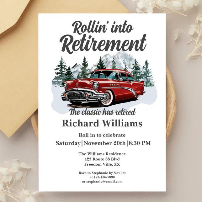 Retirement Travel Theme Classic Retro Car Rolling Invitation | Zazzle