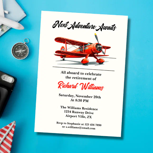 Retirement Travel Themed Party Red Plane Vintage Invitation | Zazzle