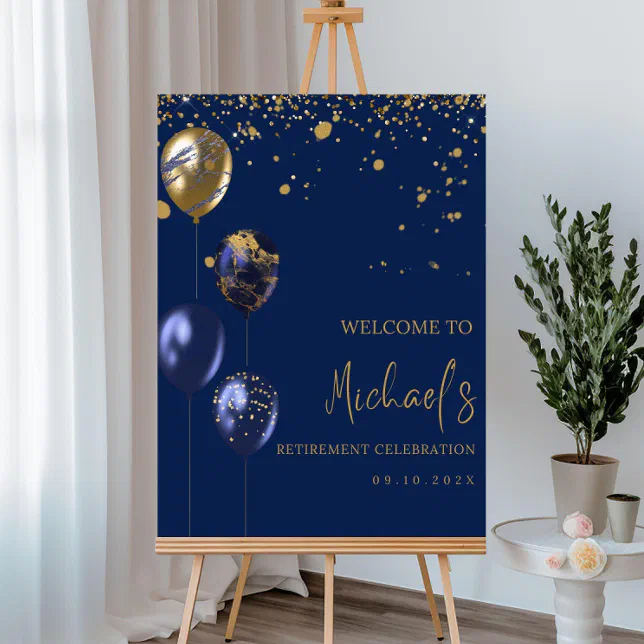 Retirement Welcome Sign Template Navy Blue & Gold | Zazzle