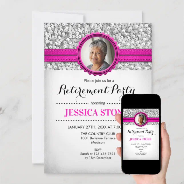 Retirement With Photo - Pink Silver White Invitation | Zazzle