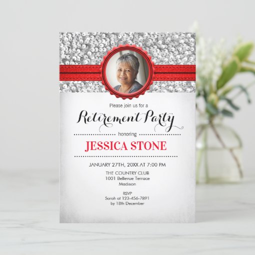 Retirement With Photo - Red Silver White Invitation | Zazzle