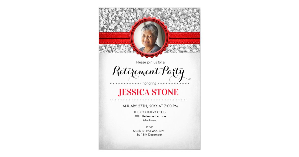 Retirement With Photo - Red Silver White Invitation | Zazzle.com