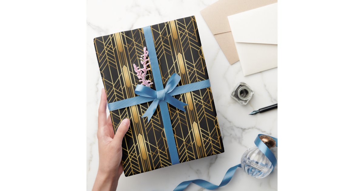 Retro 1920s Art Deco Black Gold Geometric Pattern Wrapping Paper | Zazzle