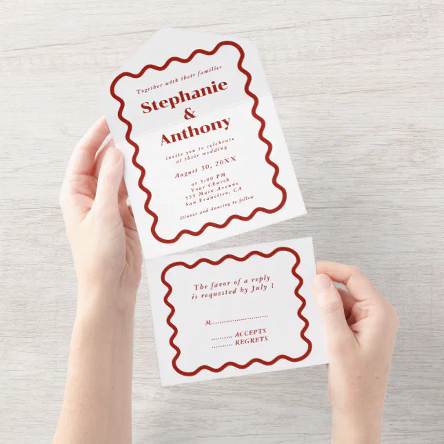 Retro 1950s Wavy Edge Dark Red Wedding All In One Invitation | Zazzle